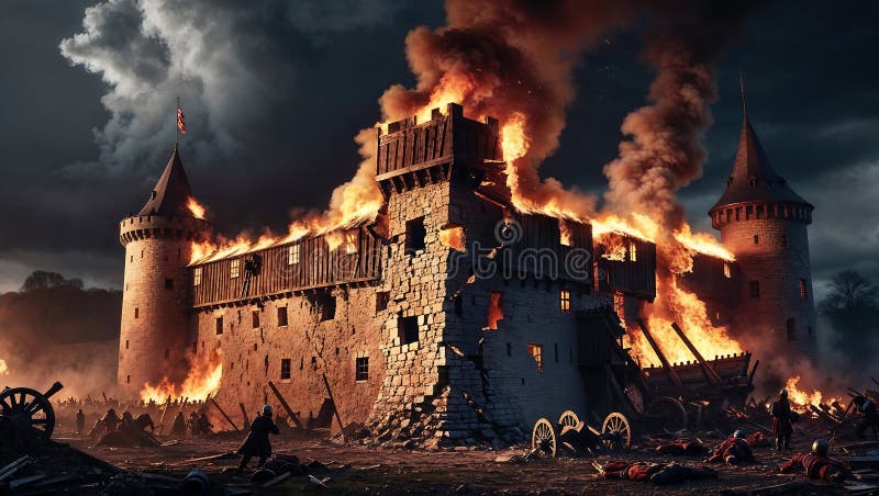 Medieval Castle Under Siege with Exploding Fire Stock Illustration ...