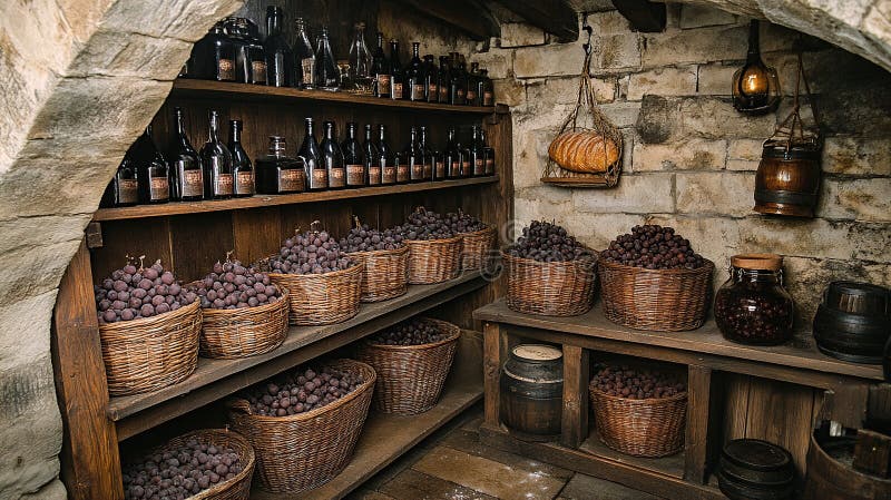 Medieval Cellar Stocked with Preserved Fruits and Wines Stock ...