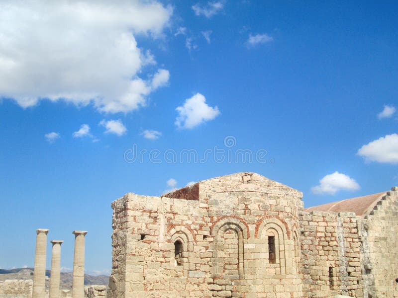 Medieval Church and Ancient Greek Columns Stock Photo - Image of ...