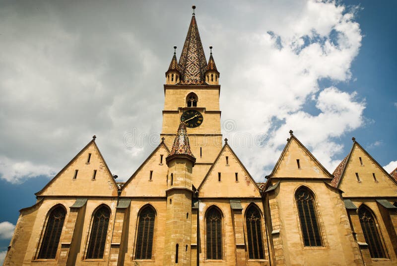 Medieval Church with Clock Tower Stock Photo - Image of romania, blue ...
