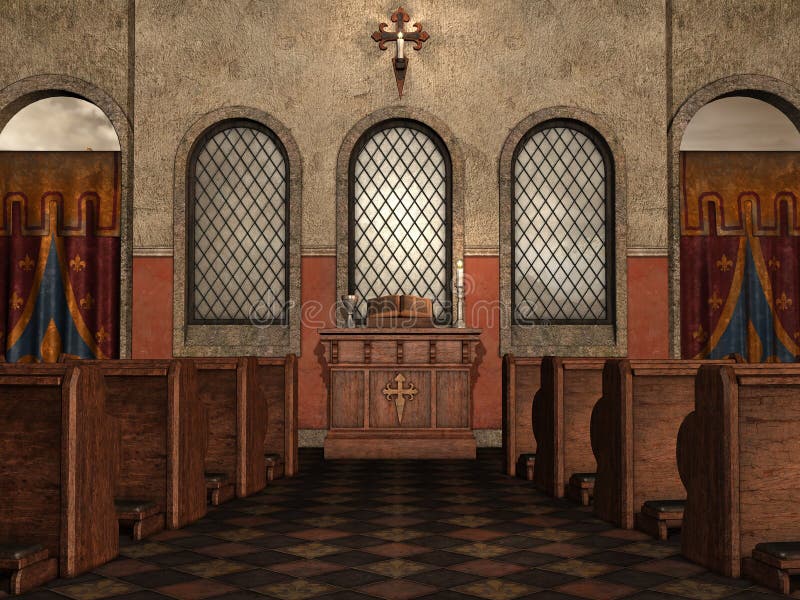 Medieval church interior stock illustration. Illustration of wooden ...