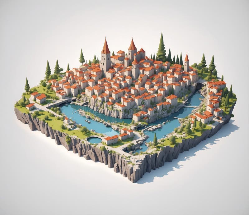 Medieval City Center Standing on a Floating Island with a River Flowing ...