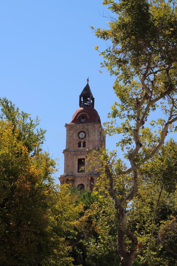 Medieval Clock Tower in Rhodes, Greece Stock Image - Image of ...
