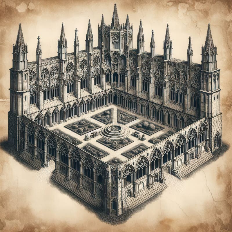 Medieval Cloister Architecture in Ornate Ink Drawing Stock Illustration ...