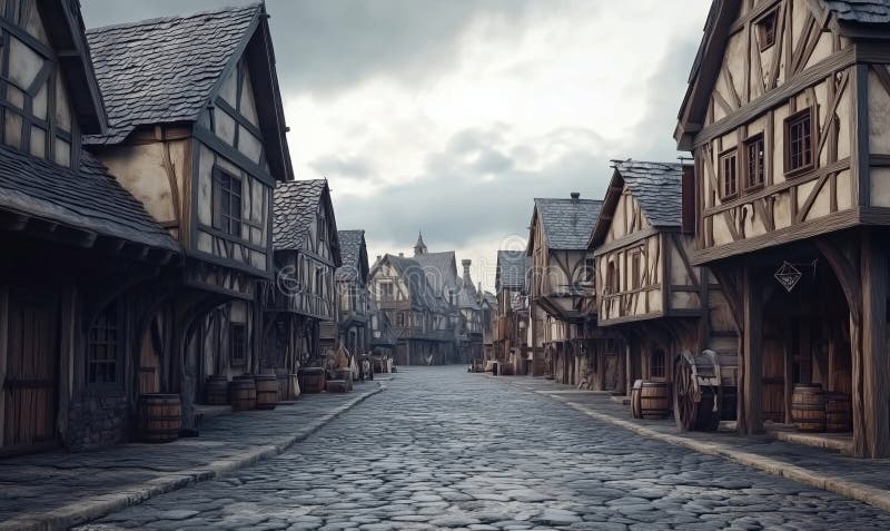 Medieval Cobblestone Street Lined with Rustic Timber-framed Houses and ...