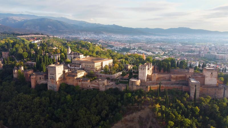 The Medieval Complex of Alhambra. Flying Around Granada at Sunrise ...