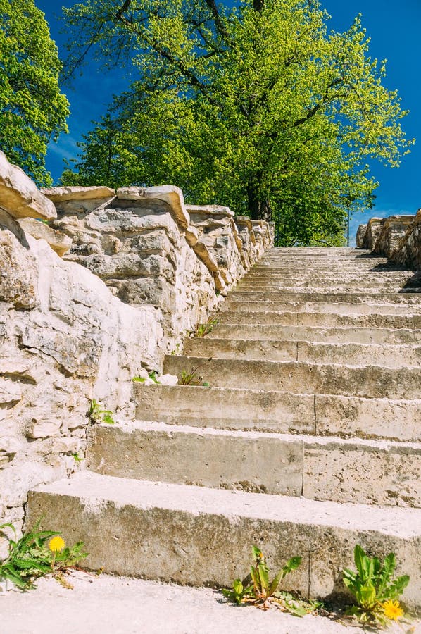 Medieval Concrete Stair in Sunny Springtime Park Stock Photo - Image of ...