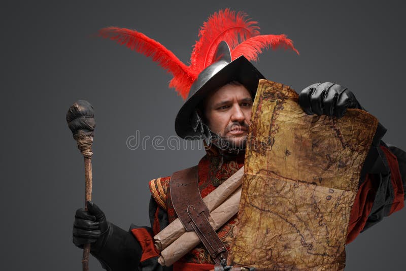 Medieval Conquistador Explorer with Antique Map and Torch Stock Image ...