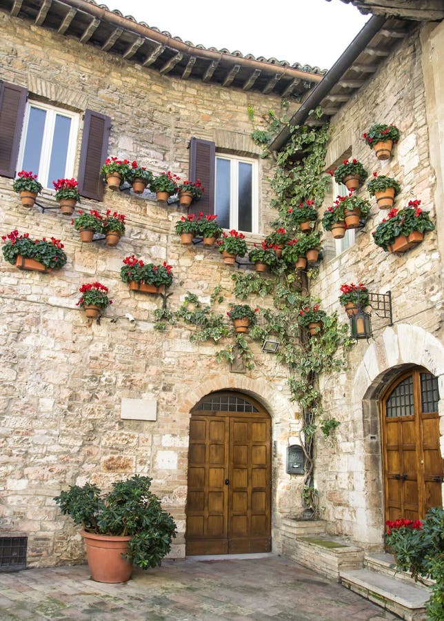 Medieval Corner with Flower and Pots. Stock Image - Image of flower ...