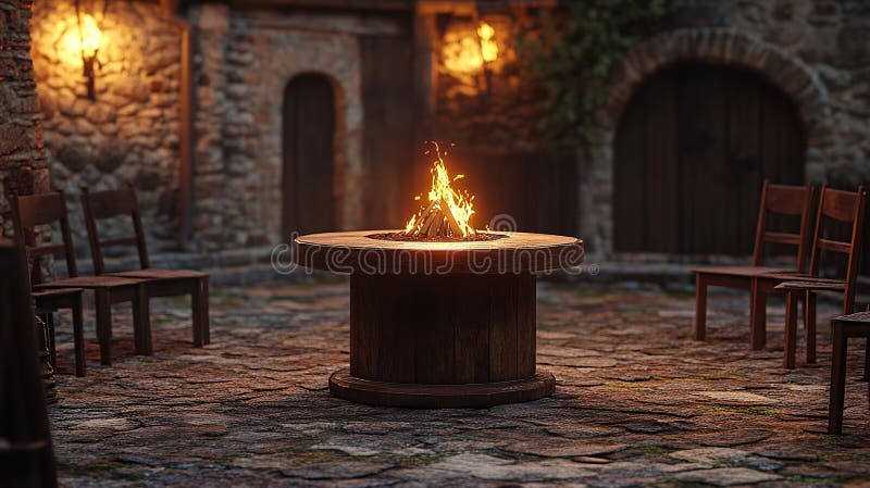 Medieval Courtyard with Fire Pit and Chairs at Night Stock Photo ...