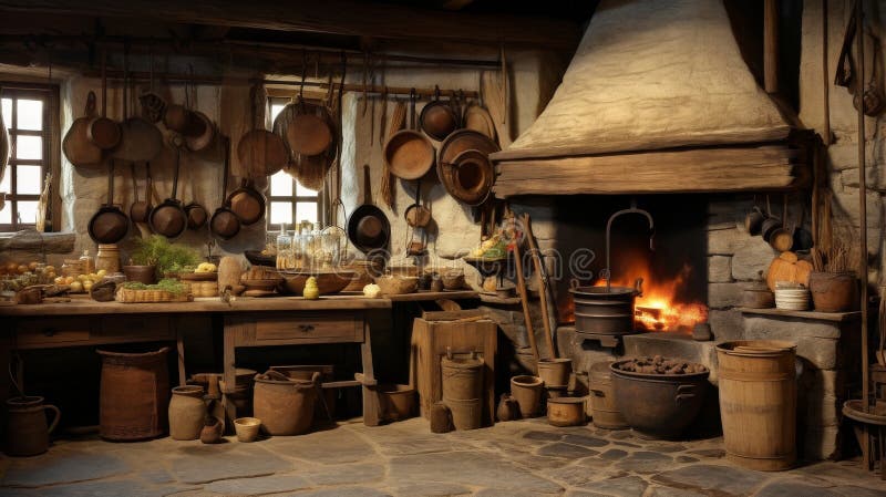 Medieval Culinary Charm: Kitchen in the Heart of History Stock ...