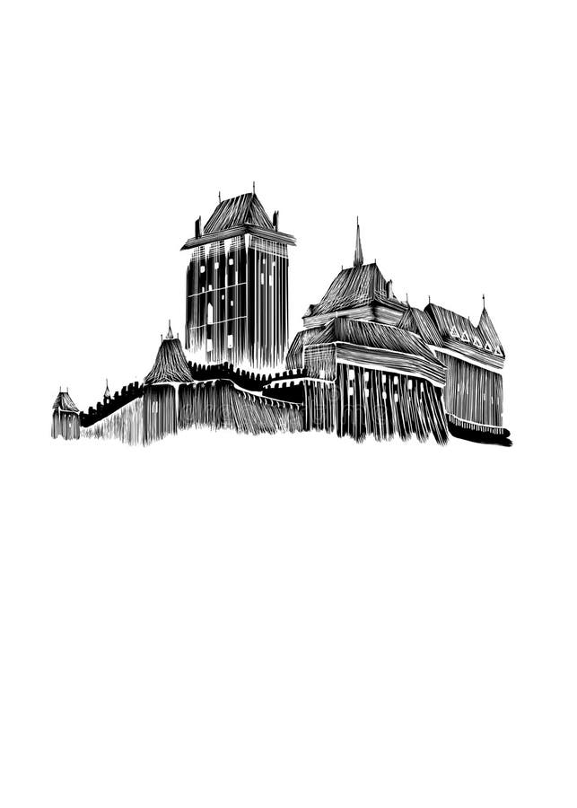 Medieval Czech Castle Drawn by Hand in Black Ink, Isolated on White ...