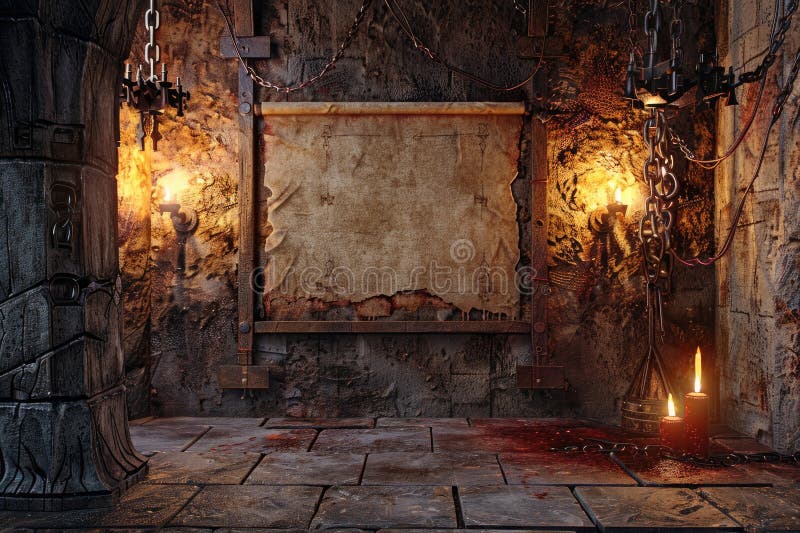 A Medieval Dungeon with Flickering Torches, Iron Chains, and a Blank ...