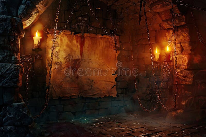 A Medieval Dungeon with Flickering Torches, Iron Chains, and a Blank ...