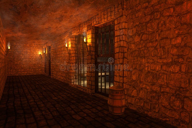 Medieval Dungeon Hallway Lit by Fire Torches with Prison Cells Behind ...