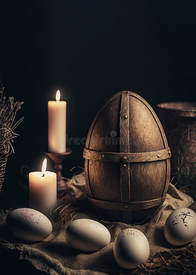 Medieval Easter Egg and Candles Burning in the Rustic, Vintage ...