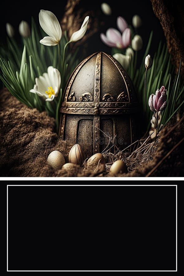 Medieval Easter Egg and Colorful Flowers in Nature. Empty Space for ...