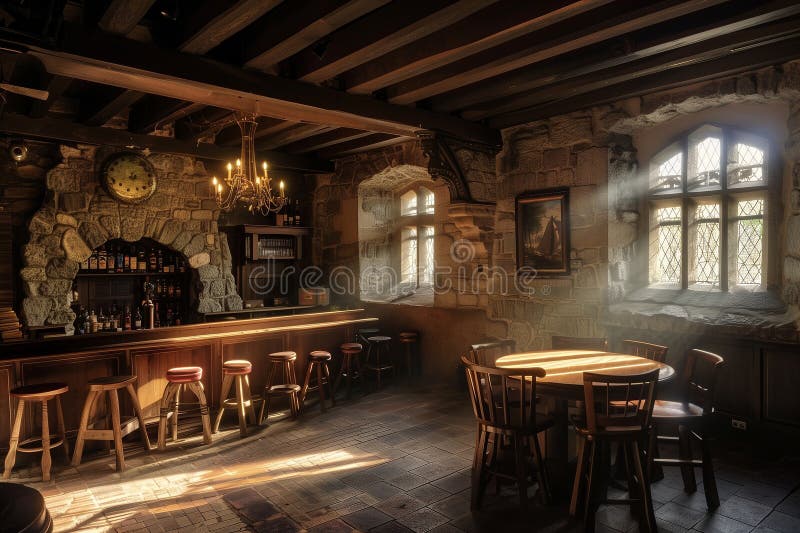 Medieval Empty Wooden Pub Interior. Generative AI Stock Illustration ...