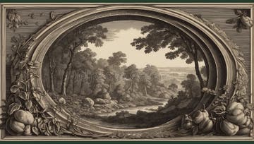 A Medieval Engraving in a Frame Depicts a Landscape with a River and ...