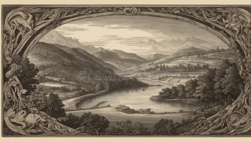 A Medieval Engraving in an Ornate Frame Depicts a Landscape with a ...