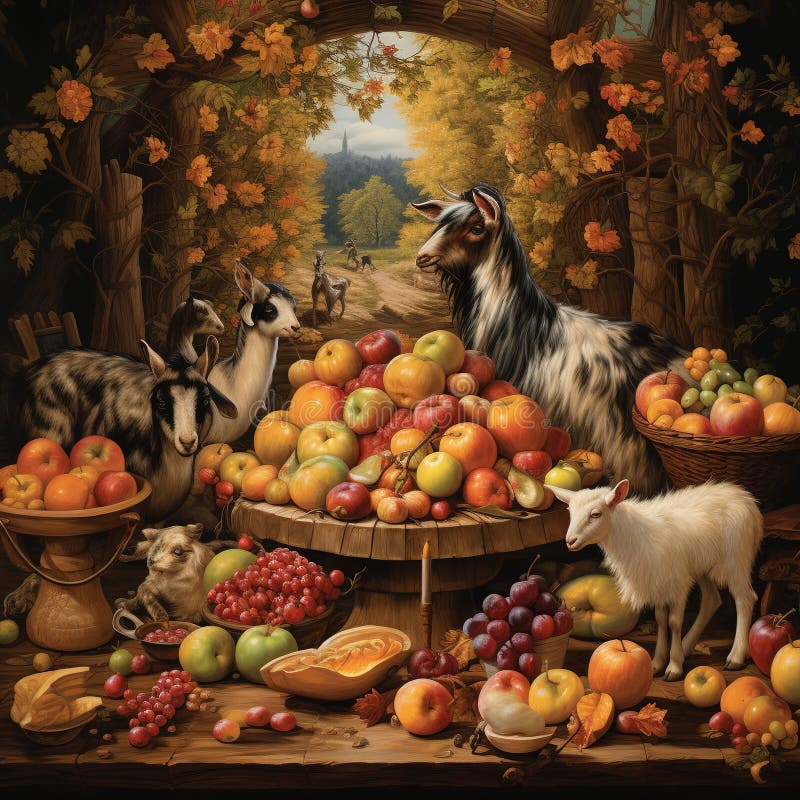 A Medieval Fall Cornucopia Table Overflowing Animal Happy People ...