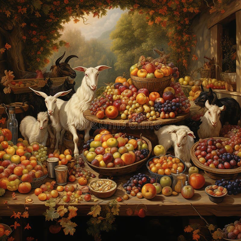 A Medieval Fall Cornucopia Table Overflowing Animal Happy People ...