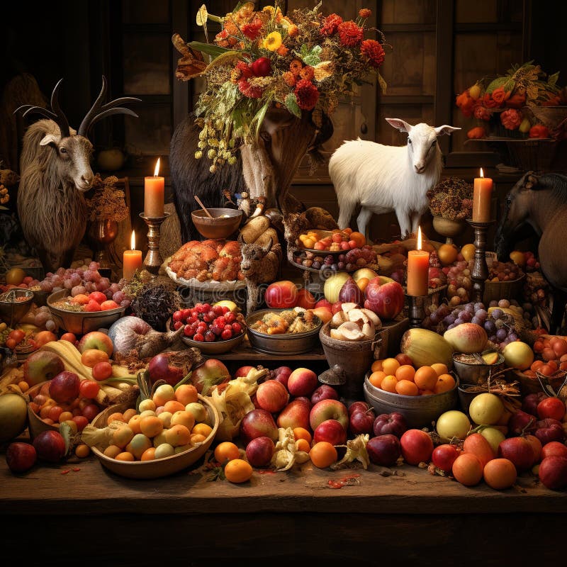 A Medieval Fall Cornucopia Table Overflowing Animal Happy People ...