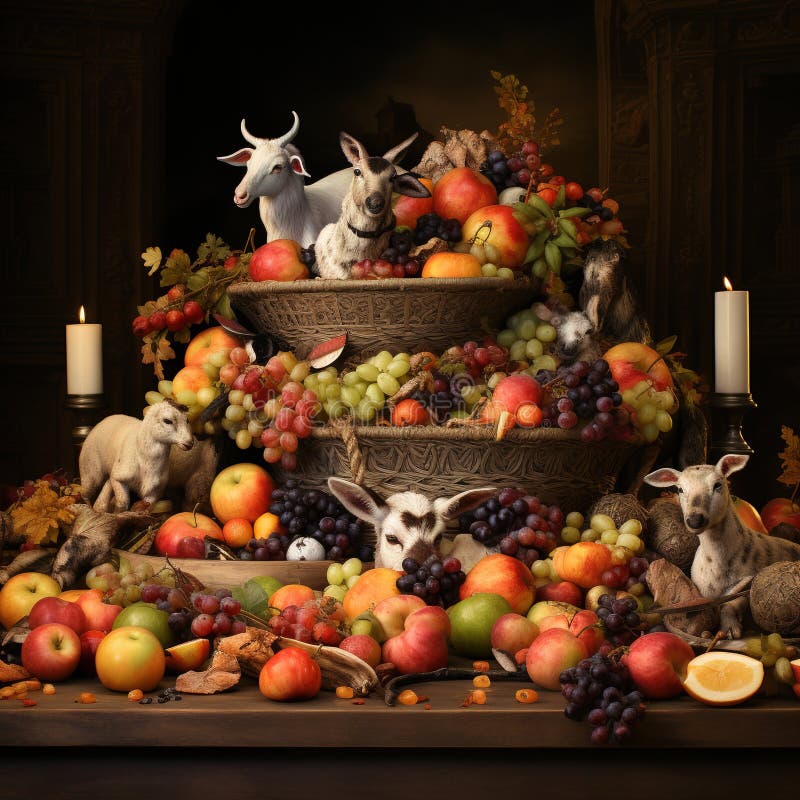 A Medieval Fall Cornucopia Table Overflowing Animal Happy People ...