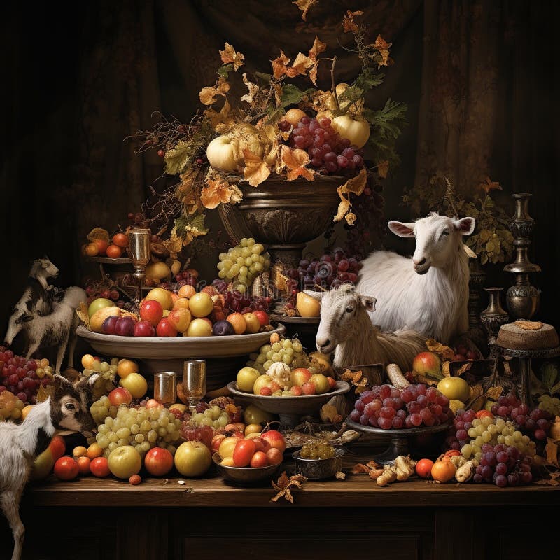 A Medieval Fall Cornucopia Table Overflowing Animal Happy People ...