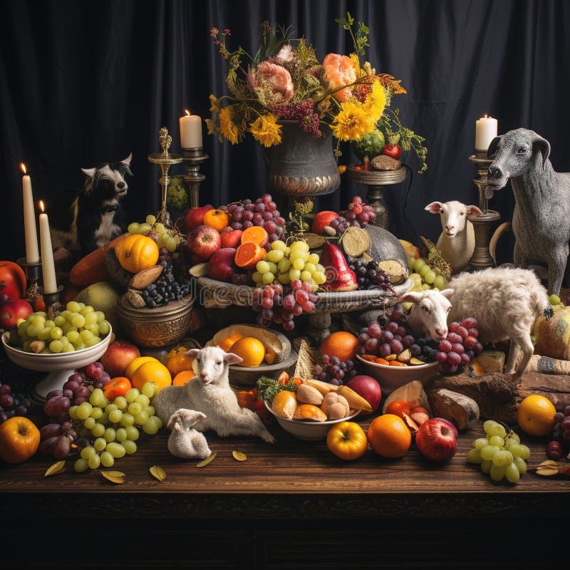 A Medieval Fall Cornucopia Table Overflowing Animal Happy People ...