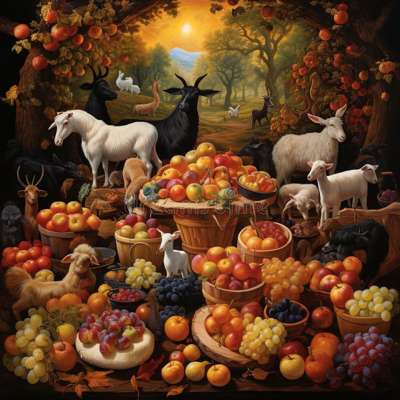 A Medieval Fall Cornucopia Table Overflowing Animal Happy People ...