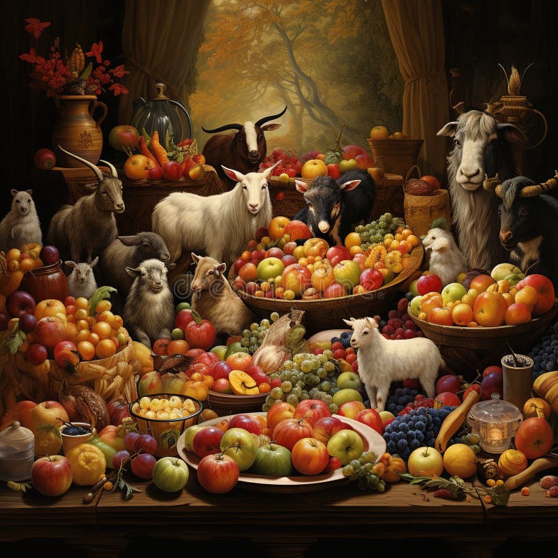 A Medieval Fall Cornucopia Table Overflowing Animal Happy People ...