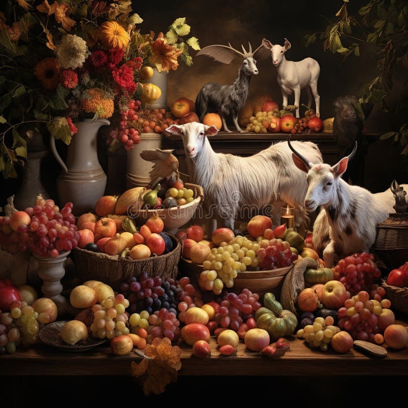 A Medieval Fall Cornucopia Table Overflowing Animal Happy People ...