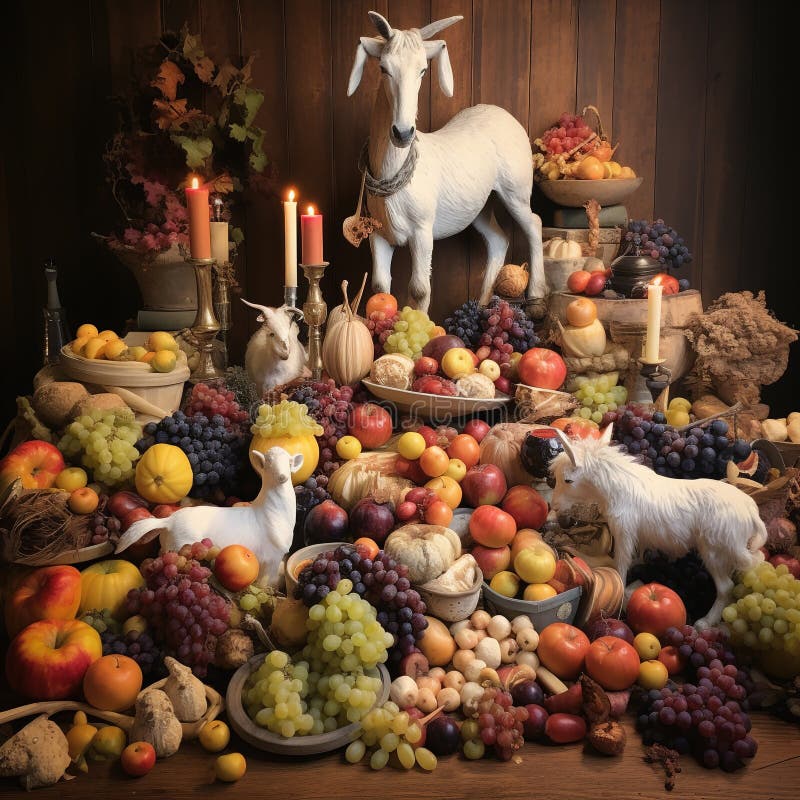 A Medieval Fall Cornucopia Table Overflowing Animal Happy People ...