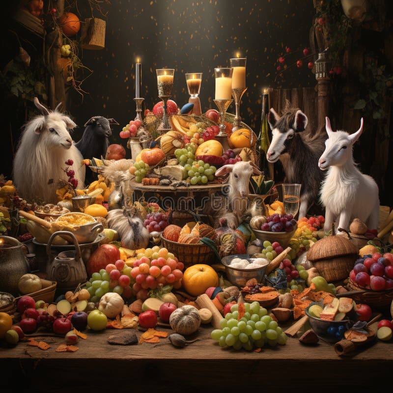 A Medieval Fall Cornucopia Table Overflowing Animal Happy People ...