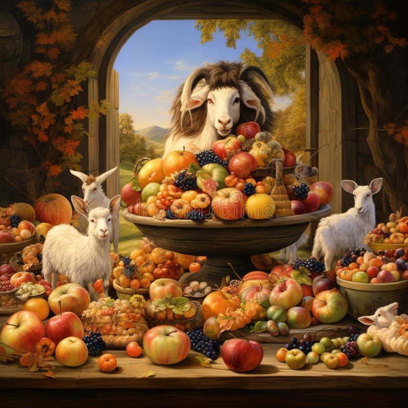 A Medieval Fall Cornucopia Table Overflowing Animal Happy People ...