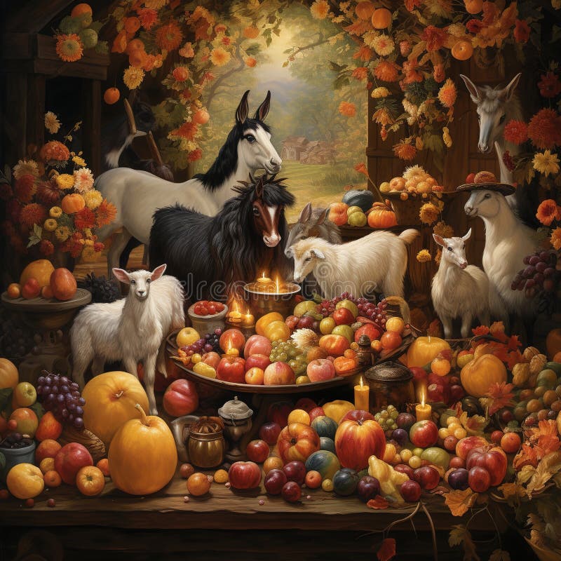 A Medieval Fall Cornucopia Table Overflowing Animal Happy People ...