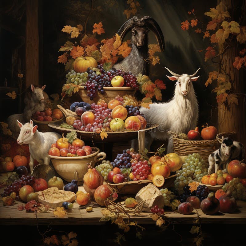 A Medieval Fall Cornucopia Table Overflowing Animal Happy People ...