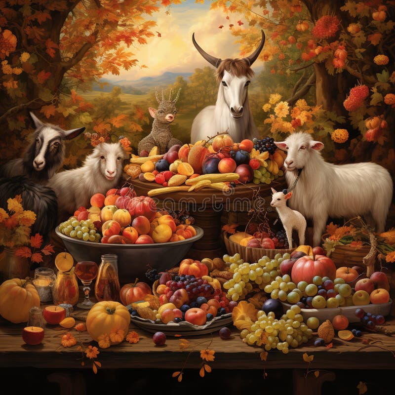 A Medieval Fall Cornucopia Table Overflowing Animal Happy People ...