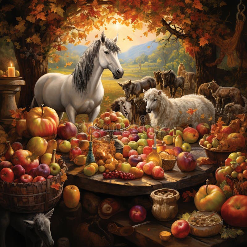 A Medieval Fall Cornucopia Table Overflowing Animal Happy People ...