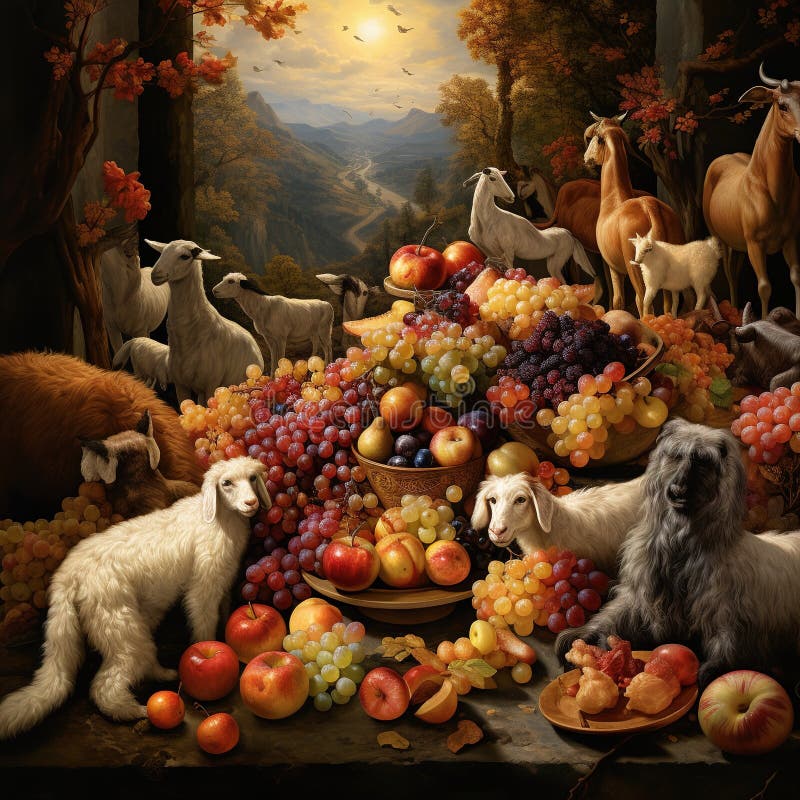 A Medieval Fall Cornucopia Table Overflowing Animal Happy People ...