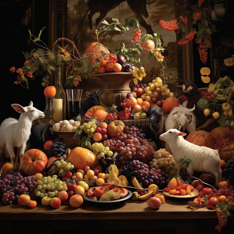 A Medieval Fall Cornucopia Table Overflowing Animal Happy People ...