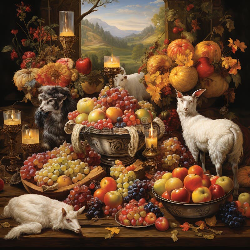 A Medieval Fall Cornucopia Table Overflowing Animal Happy People ...