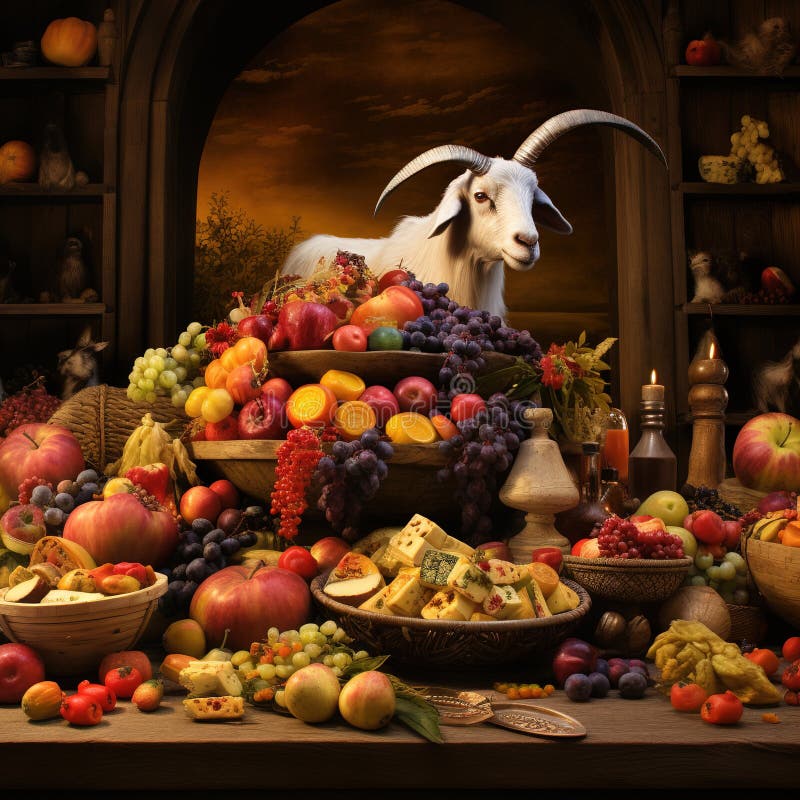 A Medieval Fall Cornucopia Table Overflowing Animal Happy People ...