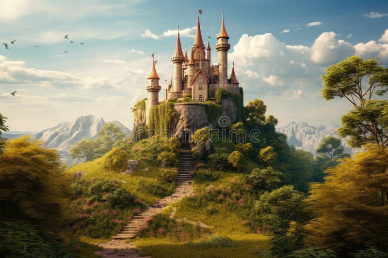 Medieval fantasy castle stock illustration. Illustration of turret ...