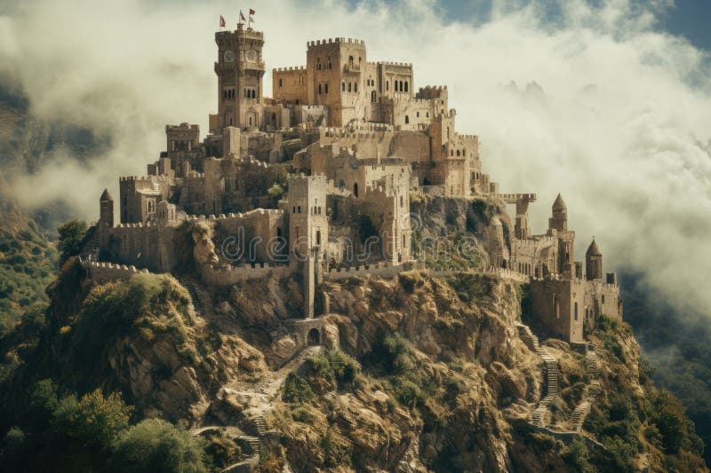 Medieval Fantasy Castle on a Big Rock Stock Illustration - Illustration ...