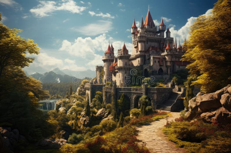 Illustration of a Medieval Fantasy Castle on a Big Rock Stock ...