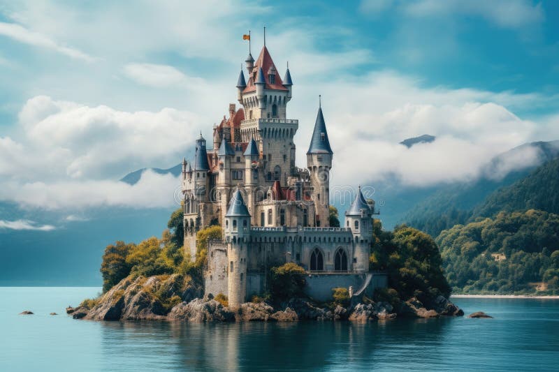 Medieval Fantasy Castle on a Big Rock Stock Illustration - Illustration ...