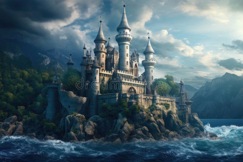 Medieval Fantasy Castle on a Big Rock Stock Illustration - Illustration ...