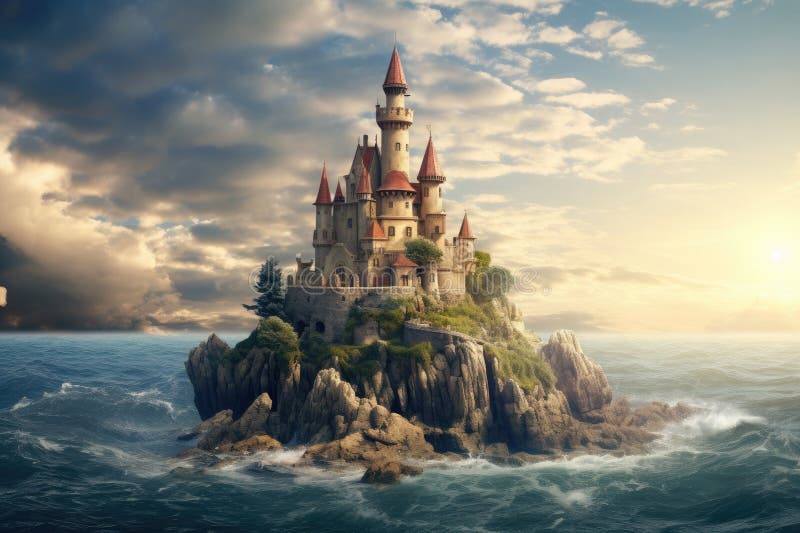 Medieval Fantasy Castle on a Big Rock Stock Illustration - Illustration ...